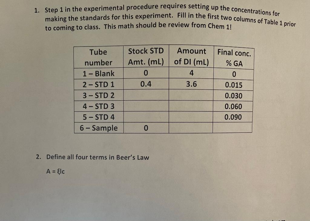 Solved 1 Step 1 In The Experimental Procedure Requires 