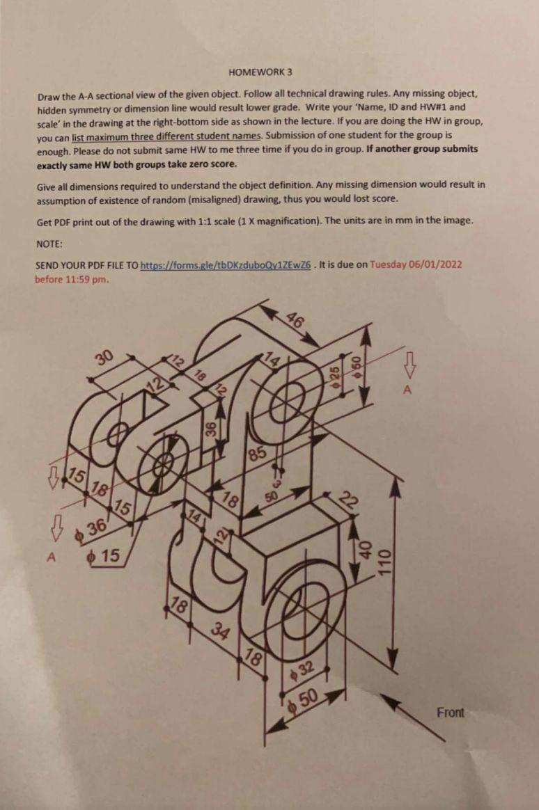 Solved HOMEWORK 3 Draw the A-A sectional view of the given | Chegg.com
