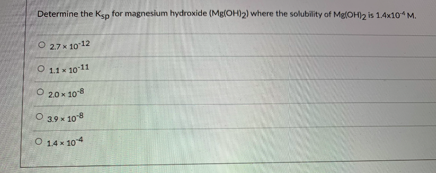 Solved Determine the Ksp for magnesium hydroxide (Mg(OH)2) | Chegg.com