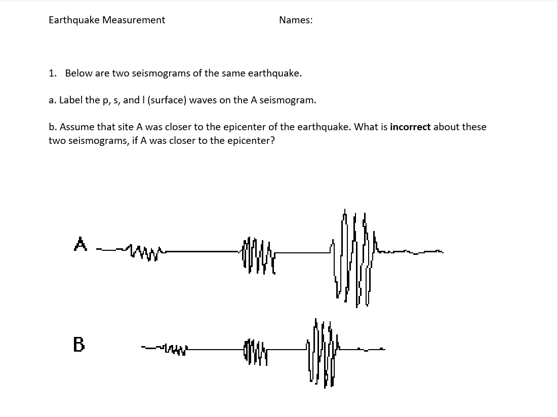 [Solved]: Names: Earthquake Measurement 1. Below are two s