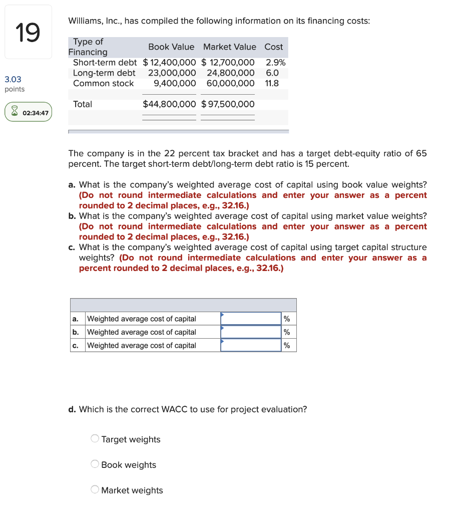 Solved Williams, Inc., has compiled the following | Chegg.com
