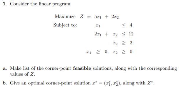 Solved 1. Consider the linear program Maximize Z = 5x1 + 2x2 | Chegg.com