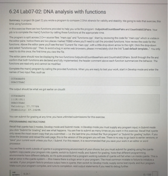 Solved 6.24 Lab07-02: DNA analysis with functions Summary in | Chegg.com
