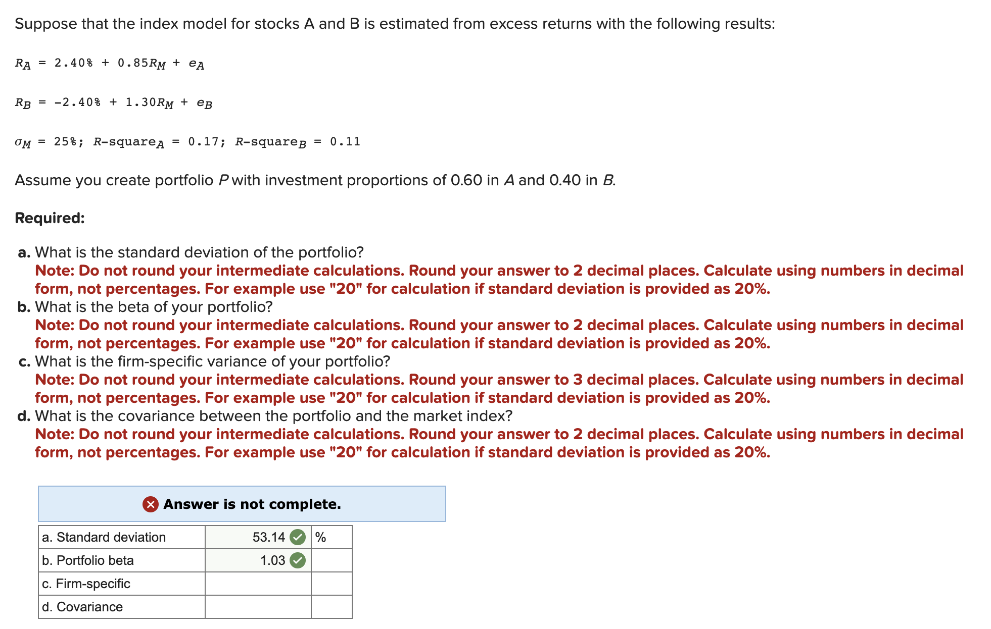Solved RA=2.40%+0.85RM+eARB=−2.40%+1.30RM+eBσM=25%;R-square | Chegg.com