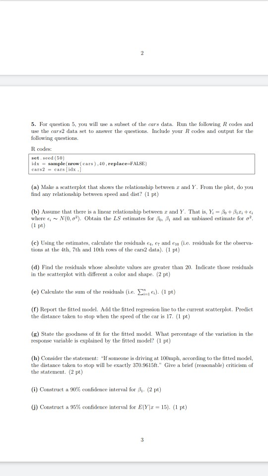 5. For question 5, you will use a subset of the cars | Chegg.com