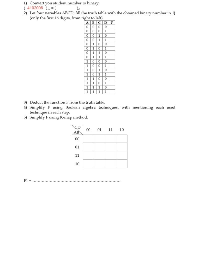 Solved 1) Convert you student number to binary. 2) Let four | Chegg.com