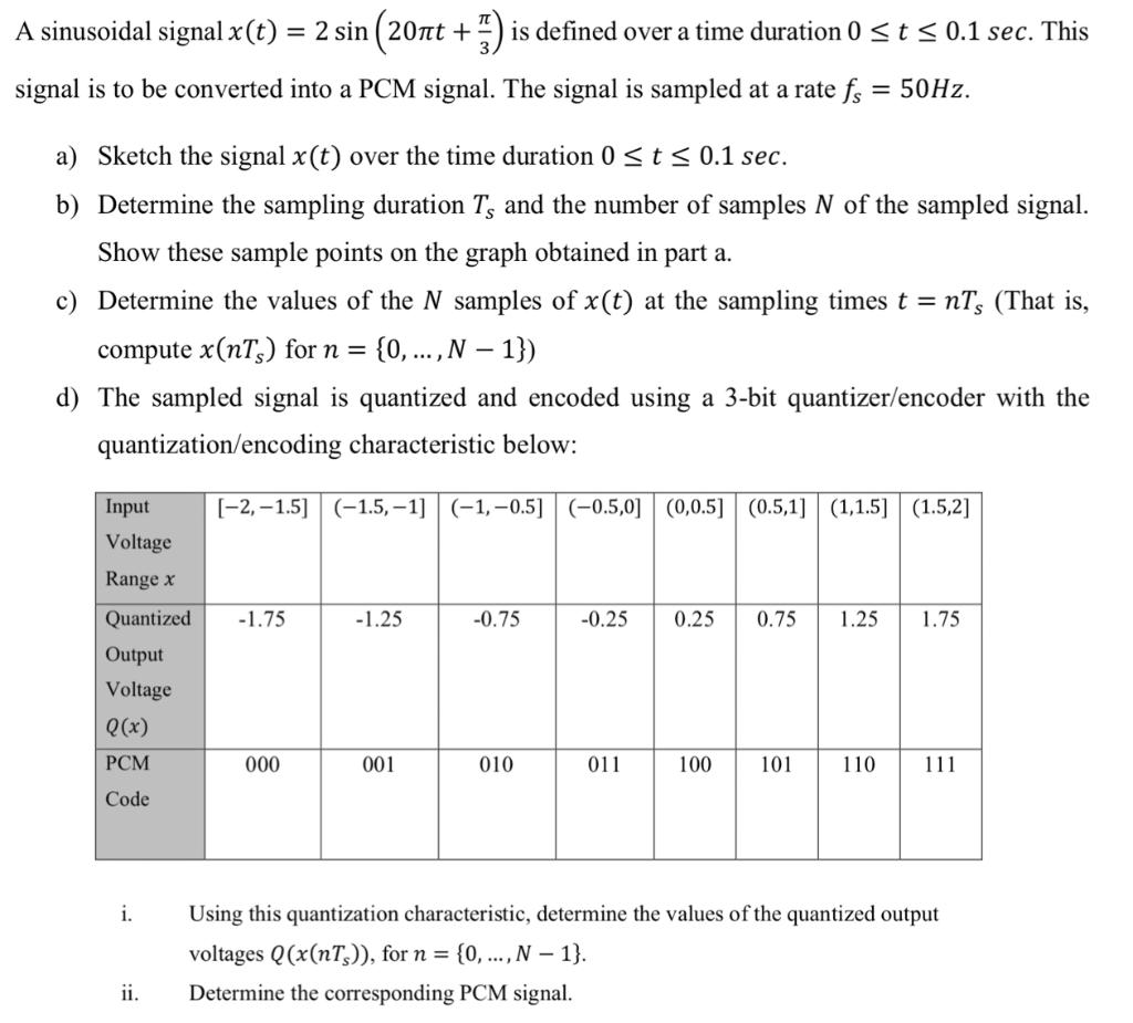 Solved A sinusoidal signal x(t)=2sin(20πt+3π) is defined | Chegg.com