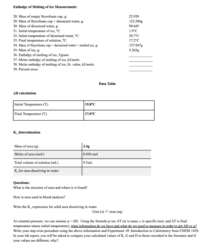 Solved Data Table ΔH calculation Kcq determination | Chegg.com