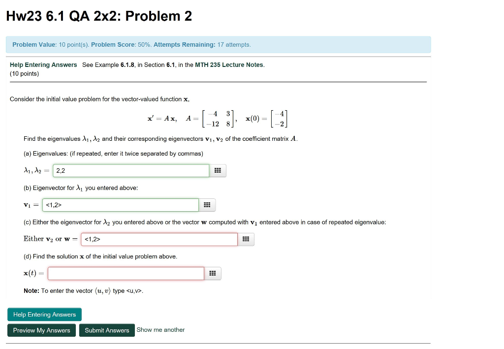 Solved Hw23 6.1 QA 2x2: Problem 2 Problem Value: 10 | Chegg.com