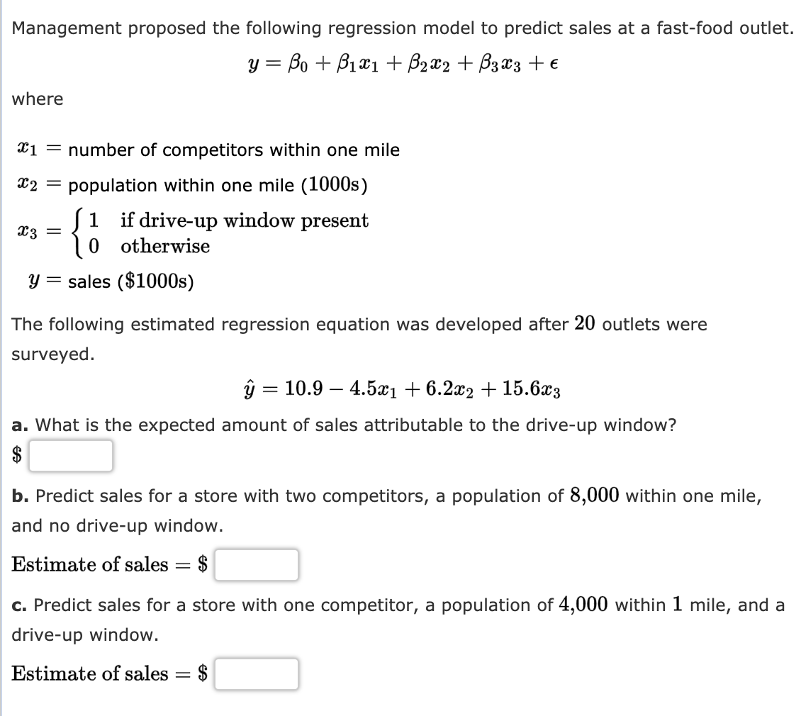 Solved Management proposed the following regression model to | Chegg.com