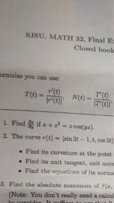 Solved SJSU, MATH 32, Final E Closed book ormulas you can | Chegg.com