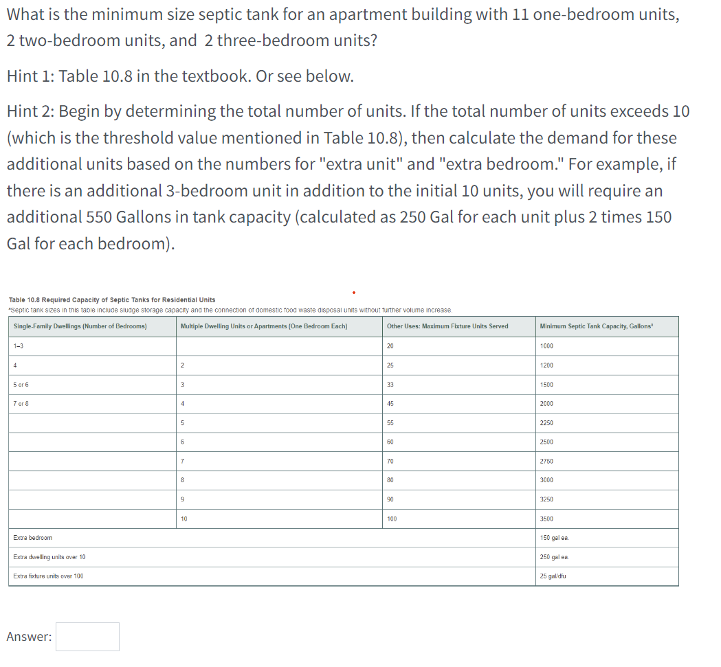 Solved What is the minimum size septic tank for an apartment | Chegg.com