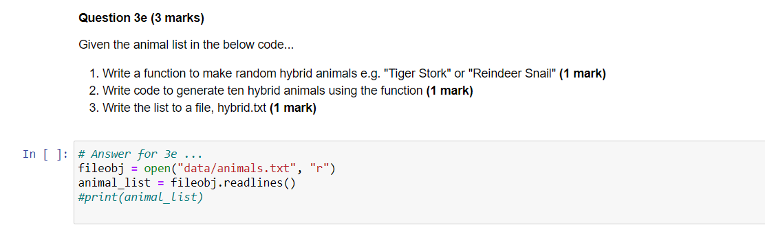 Question 3e (3 marks) Given the animal list in the | Chegg.com
