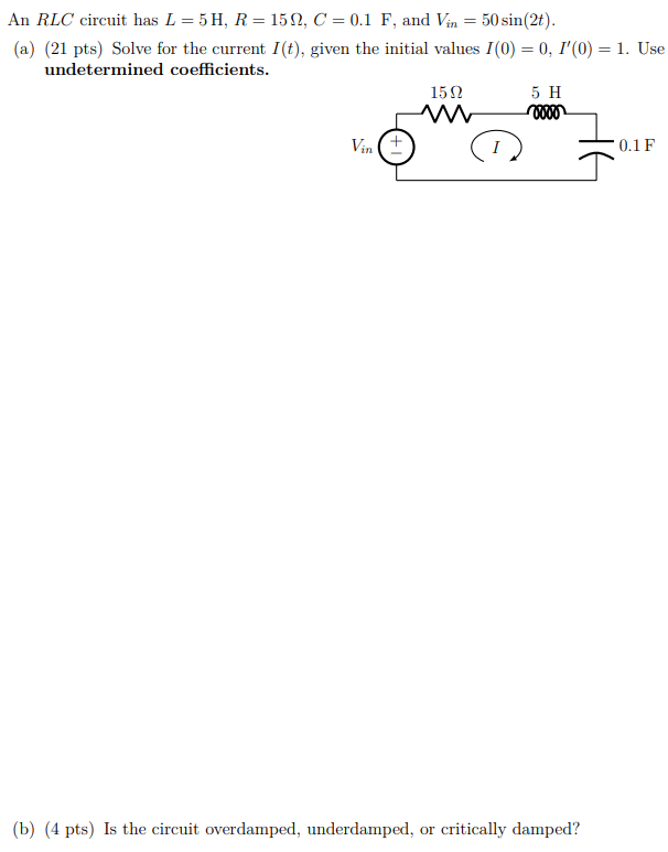 Solved An RLC circuit has L = 5H, R = 152, C = 0.1 F, and | Chegg.com