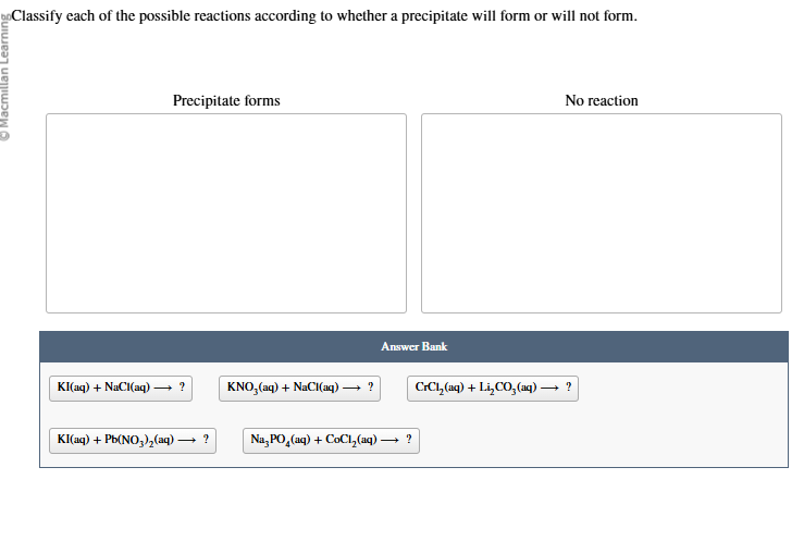 Solved Classify each of ﻿the possible reactions according to | Chegg.com