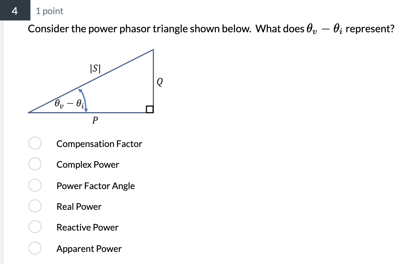 Solved 3 1 point Consider the power phasor triangle shown | Chegg.com