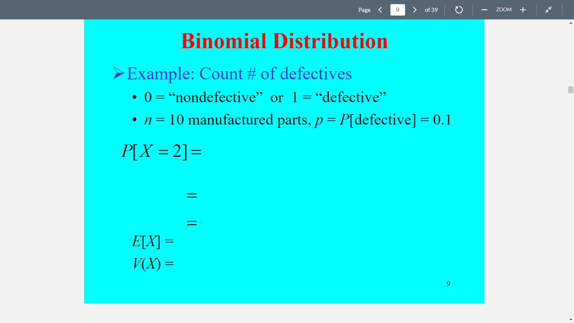 Solved Binomial Distribution Example: Count \# of defectives | Chegg.com