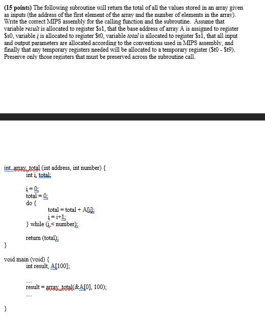 (15 points) The following subroutine will return the | Chegg.com