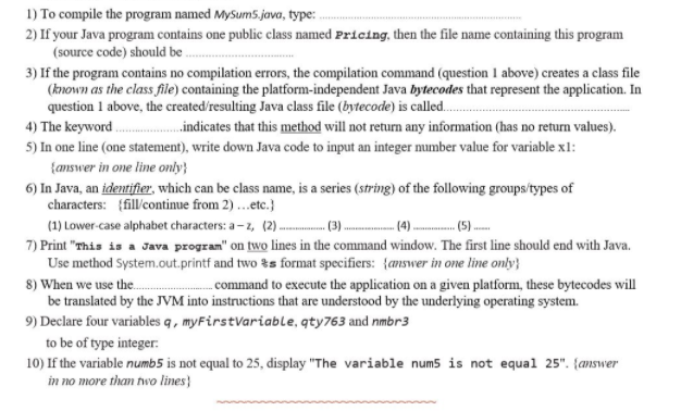 Solved Please answer numbers 1-10 in Java language with | Chegg.com