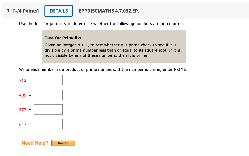Solved EPPDISCMATH5 4.7.032.EP. Use the test for primality | Chegg.com
