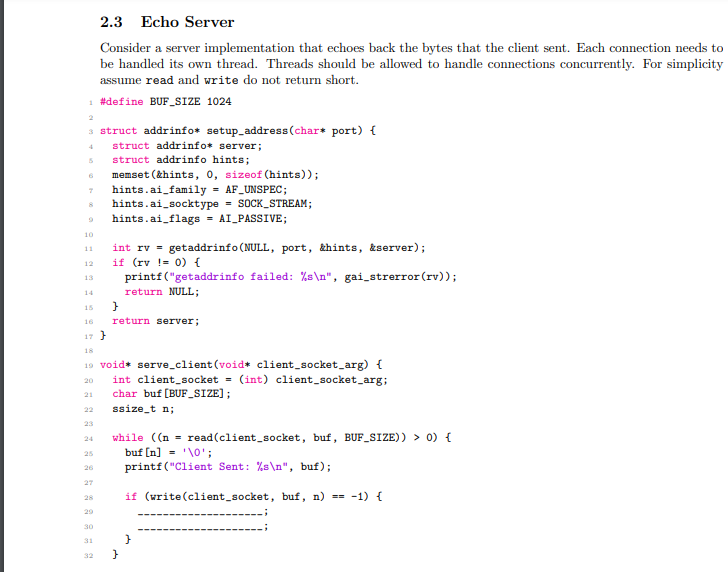 2 2.3 Echo Server Consider a server implementation | Chegg.com