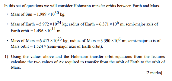 Solved In this set of questions we will consider Hohmann | Chegg.com
