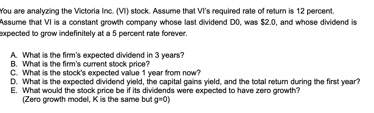 Solved 'ou are analyzing the Victoria Inc. (VI) stock. | Chegg.com