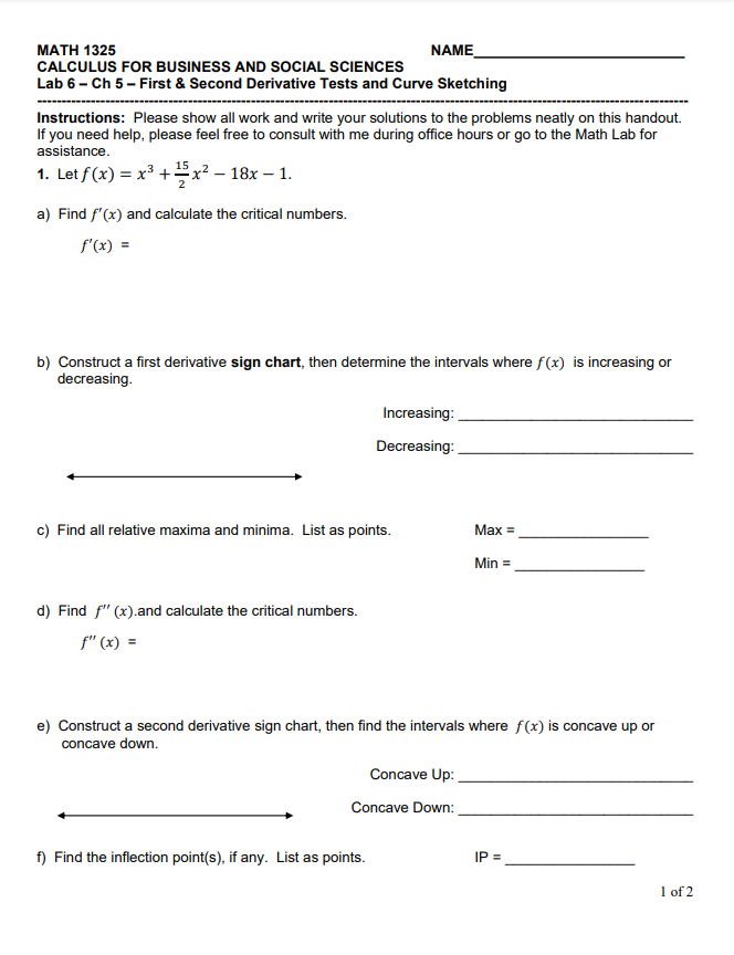 Solved MATH 1325 NAME CALCULUS FOR BUSINESS AND SOCIAL | Chegg.com