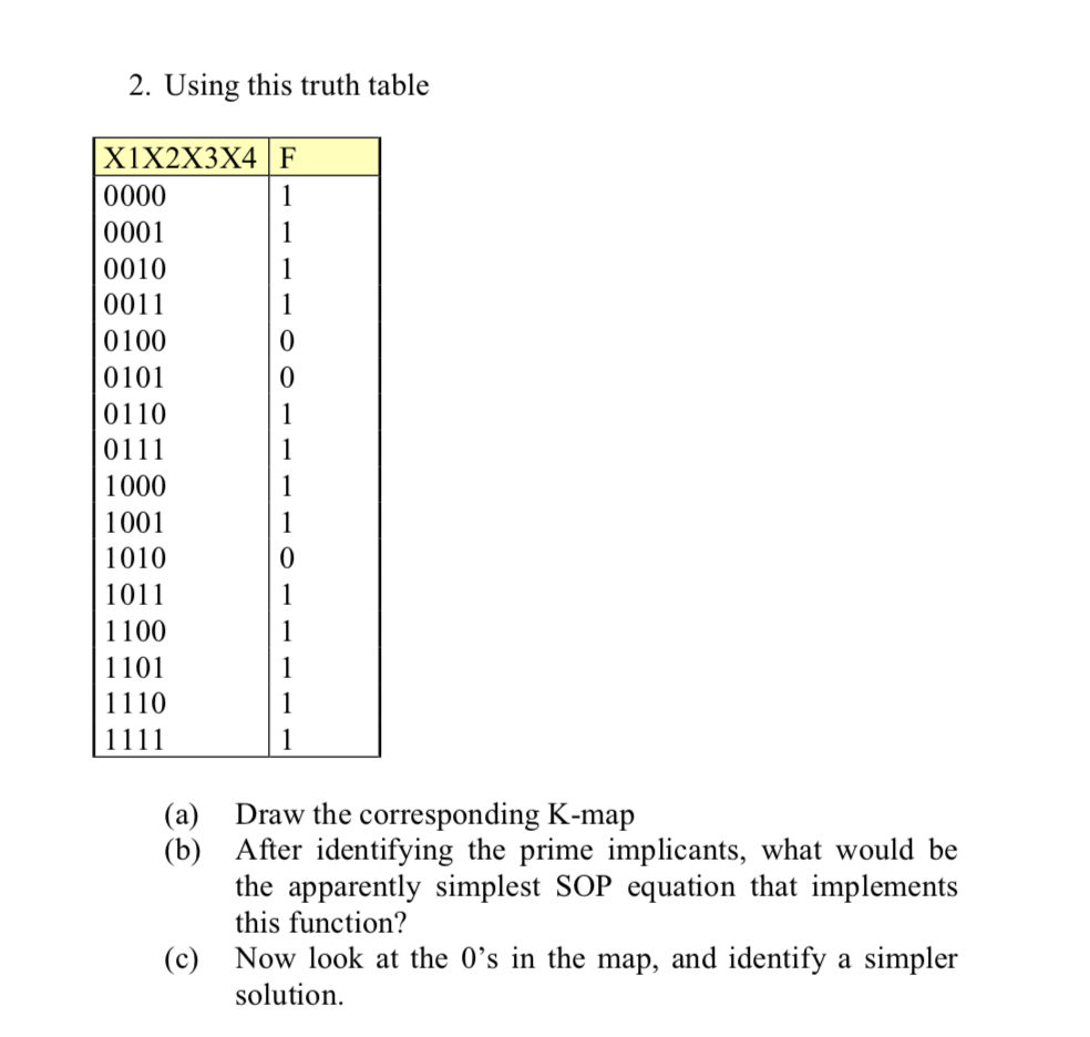 Solved 2. Using this truth table X1X2X3X4 F 0001 0010 0011 | Chegg.com