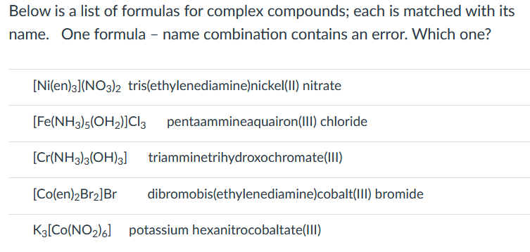 Solved Below is a list of formulas for complex compounds; | Chegg.com
