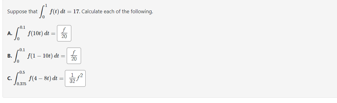 Solved Suppose that ∫01f(t)dt=17. ﻿Calculate each of the | Chegg.com