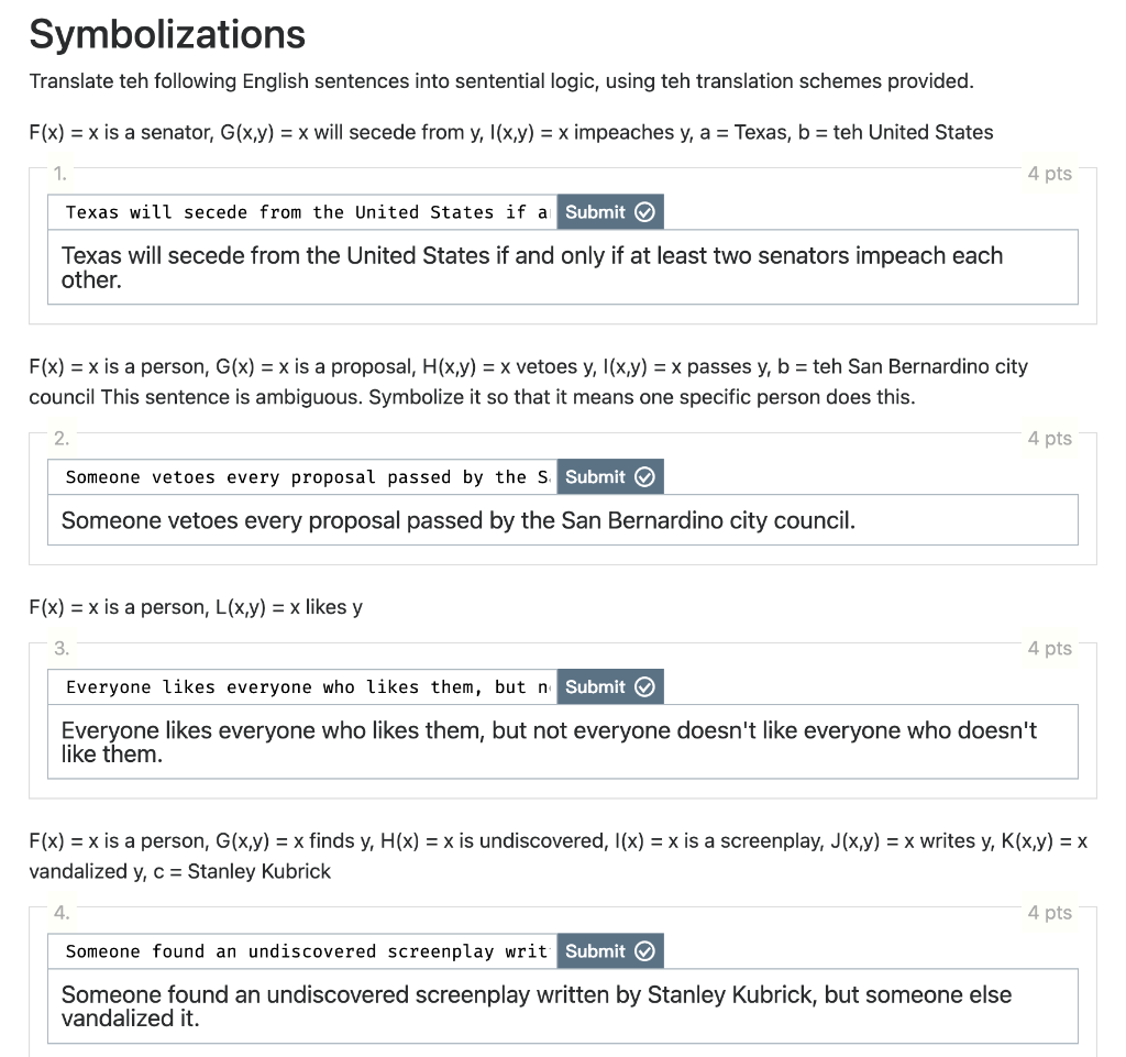 Symbolizations Translate teh following English | Chegg.com