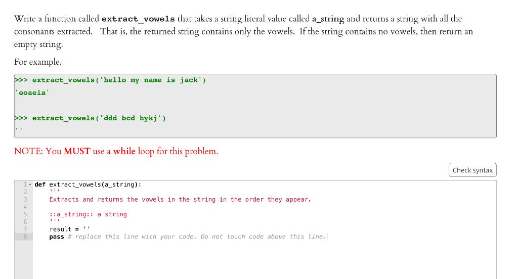 Solved Write a function called extract_vowels that takes a | Chegg.com