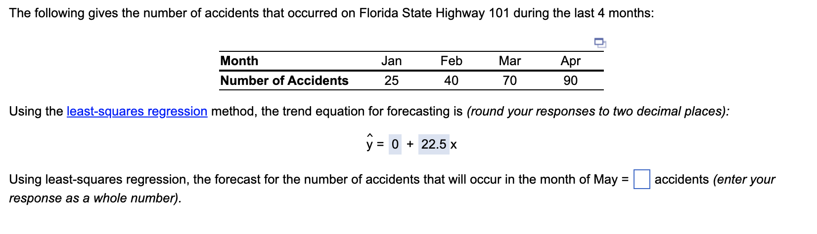 Solved y^=0+22.5x Using least-squares regression, the | Chegg.com