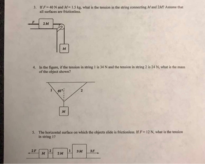 Solved 3. If F-40 N and M= 1.5 kg, what is the tension in | Chegg.com