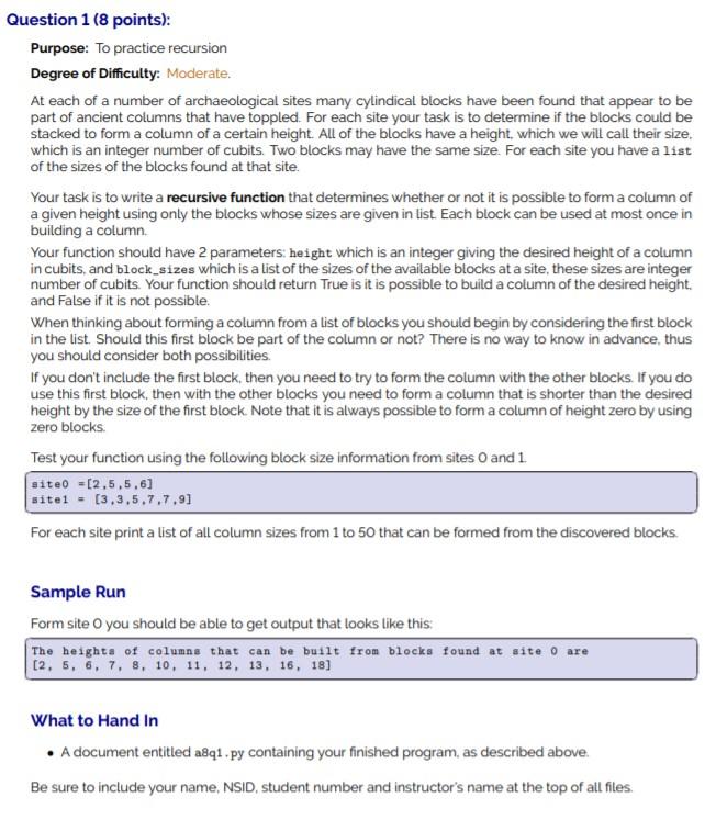 Solved Question 1 (8 points): Purpose: To practice recursion | Chegg.com