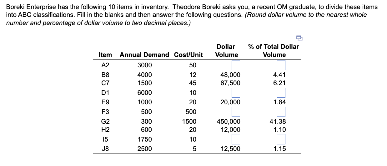 Solved Boreki Enterprise has the following 10 items in | Chegg.com