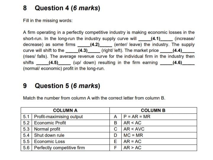 Solved 8 ﻿Question 4 (6 ﻿marks) ﻿Fill in the missing words: | Chegg.com
