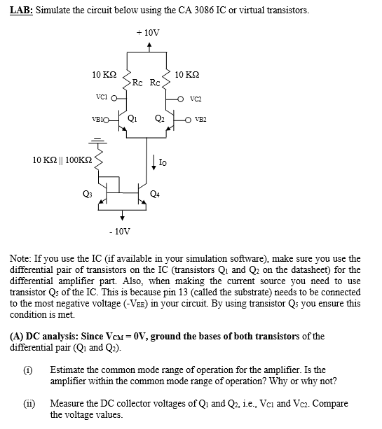 LAB: Simulate the circuit below using the CA 3086 IC | Chegg.com