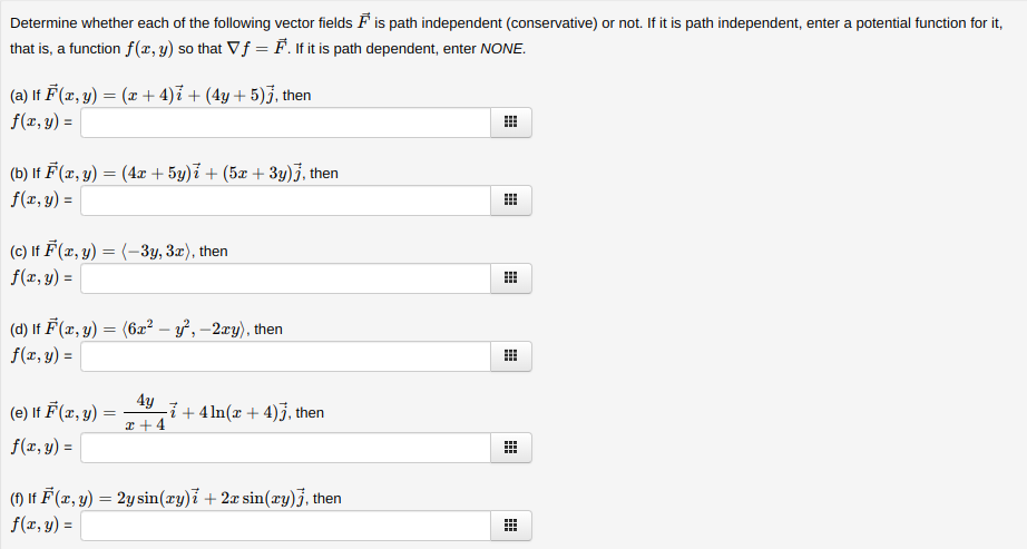 [Solved]: Determine whether each of the following vector f