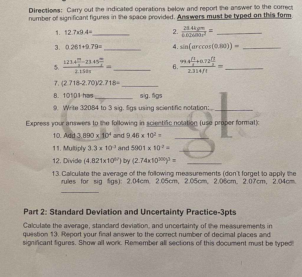 Solved Directions: Carry out the indicated operations below | Chegg.com