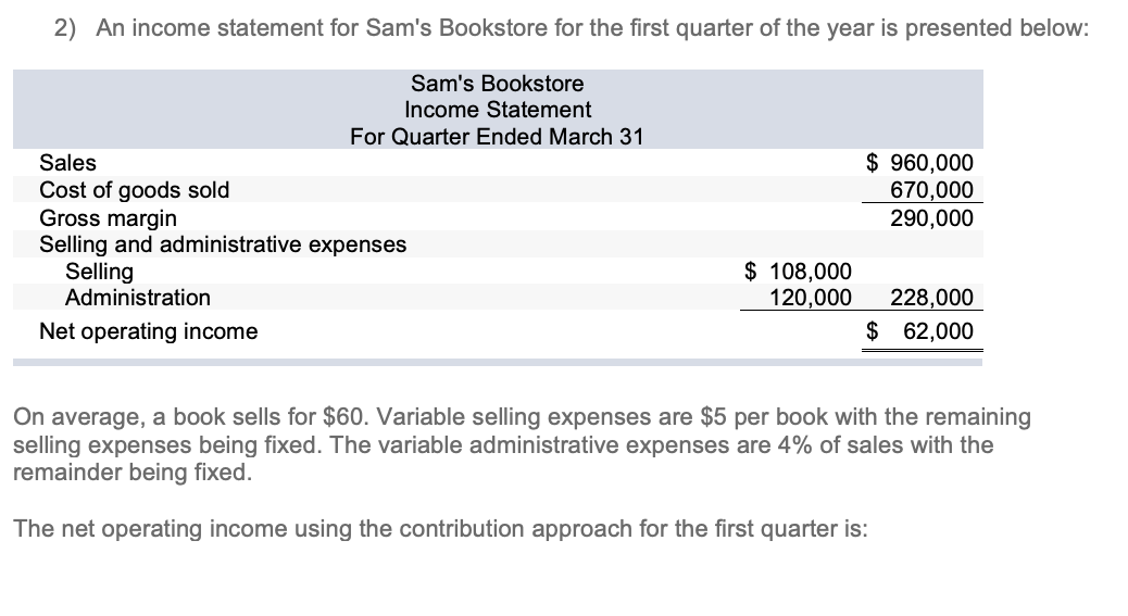 Solved 2) An income statement for Sam's Bookstore for the | Chegg.com