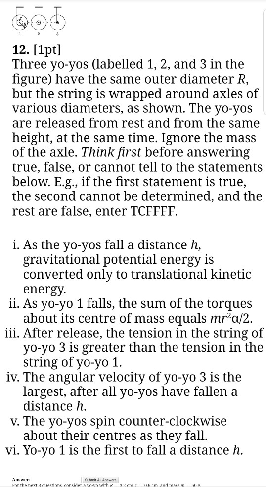 Solved 12. [1pt] Three yo-yos (labelled 1, 2, and 3 in the | Chegg.com