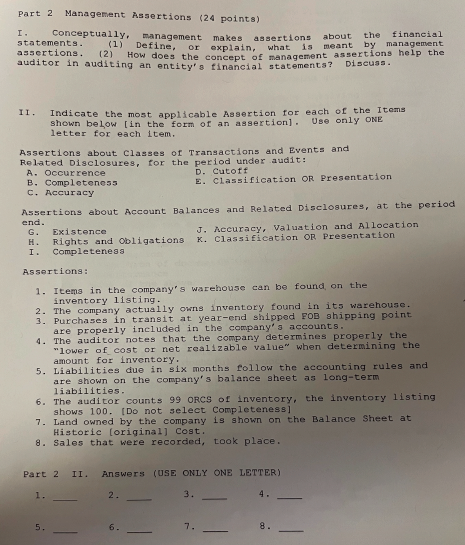 Part 2 Management Assertions (24 points) I. | Chegg.com