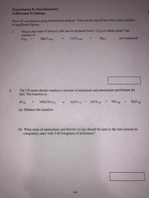 Solved Experiment 8, Stoichiometry Additional Problems Show | Chegg.com
