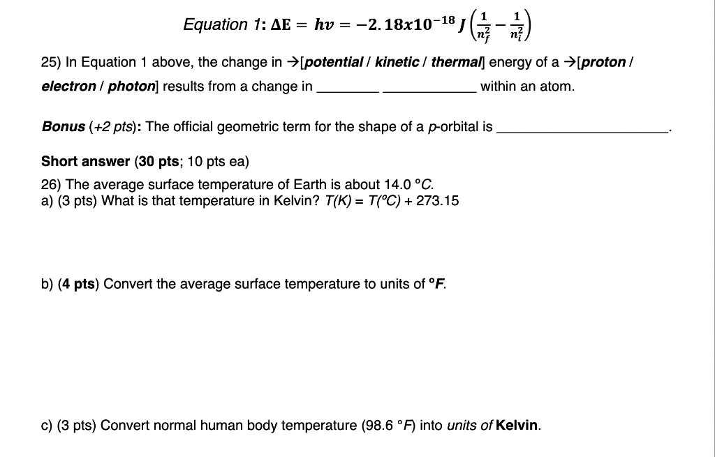 Solved 1 Equation 1: AE = hv = –2. 18x10-18 1rg 25) In | Chegg.com