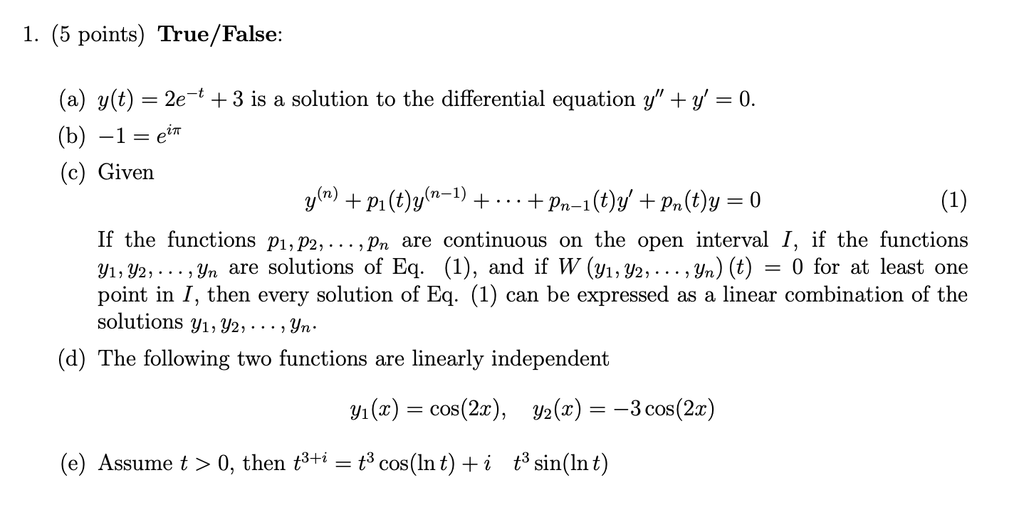 Solved (a) y(t)=2e−t+3 is a solution to the differential | Chegg.com