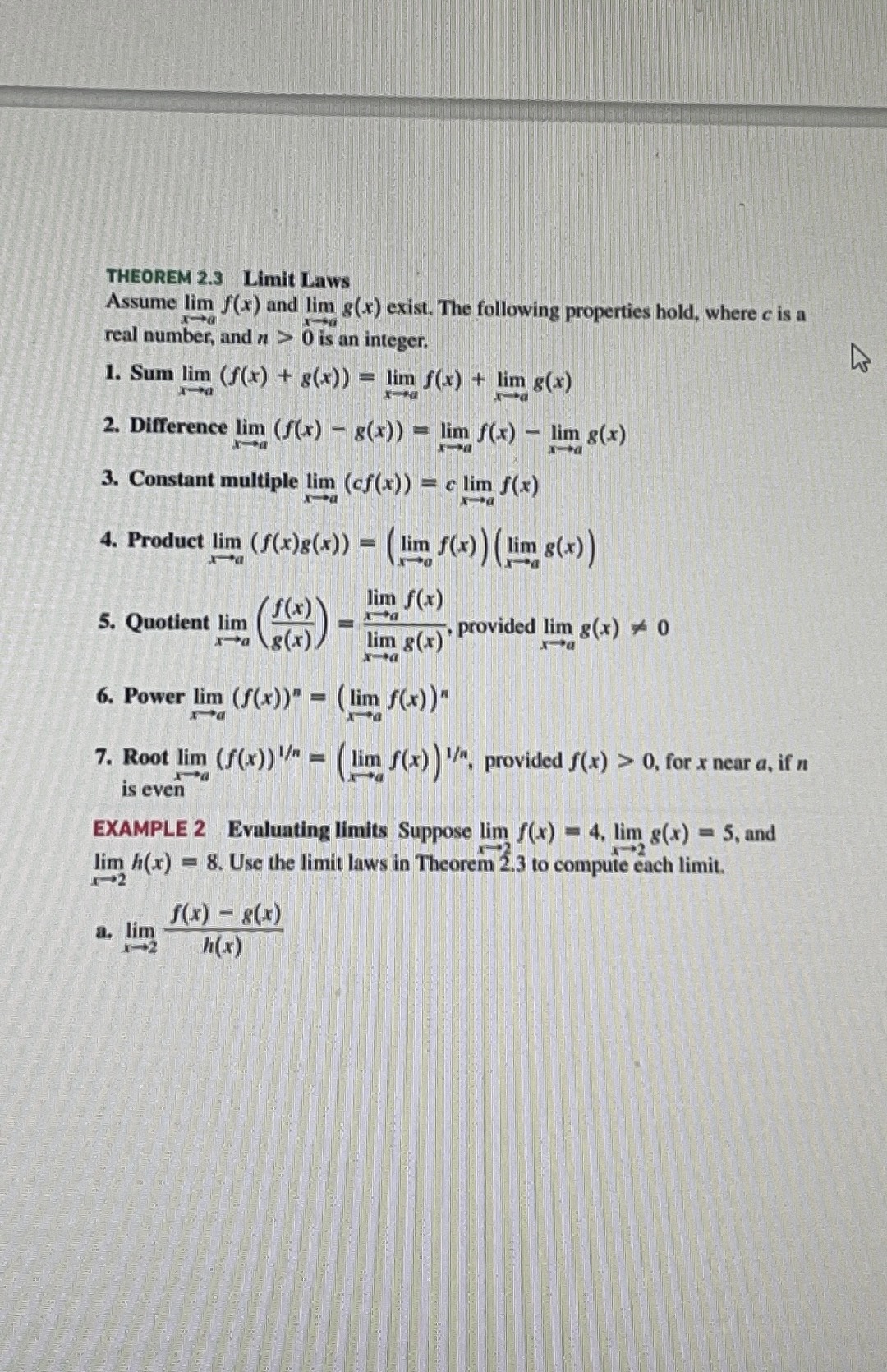 Solved THEOREM 2.3 Limit Laws Assume limx→af(x) and | Chegg.com