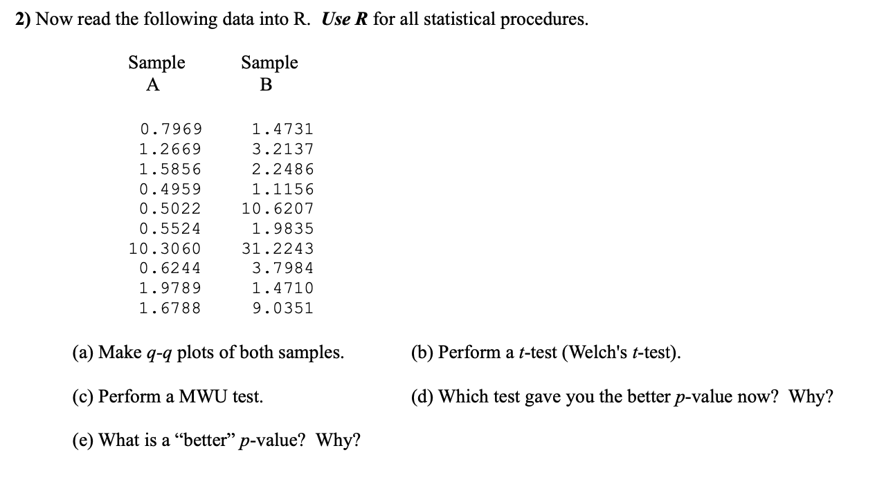 Solved 2) Now read the following data into R. Use R for all | Chegg.com