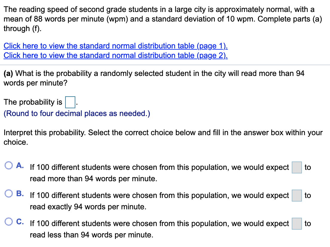 Solved The reading speed of second grade students in a large | Chegg.com